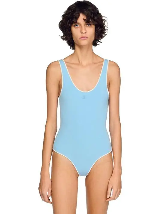 Sandro Fine Knit Bodysuit With Contrasting Trim - Sky Blue