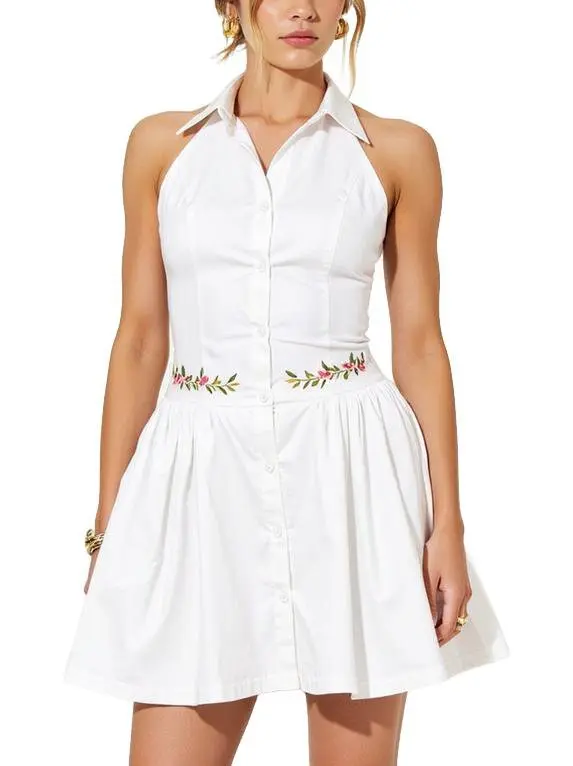 MODENAIRE Embroidered Waist Halter Mini Dress - White