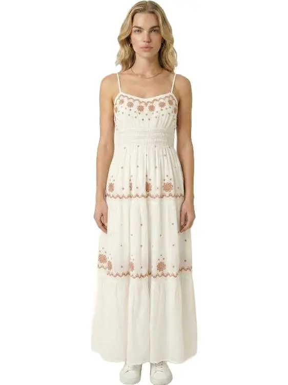 MODENAIRE Embroidered Tiered Maxi Dress - White / Brown Embroidery