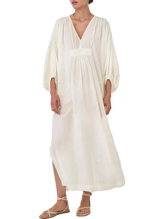 OCEAN+MAIN Rouched Shoulder Maxi Caftan - Ivory