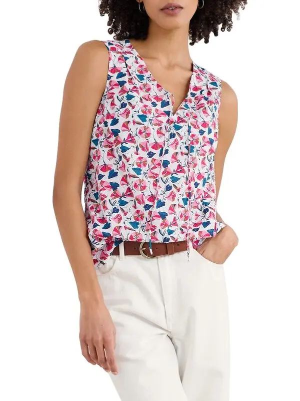 SEASALT CORNWALL Cobbs Well Floral Sleeveless Organic Cotton Split Neck Top - Parasol Floral Chalk