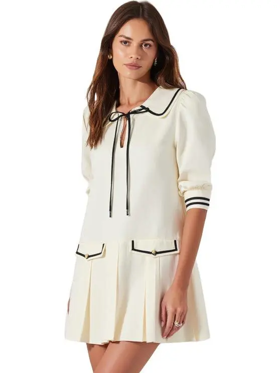 MODENAIRE Long-sleeve Pleated Mini Dress - Off-white / Black