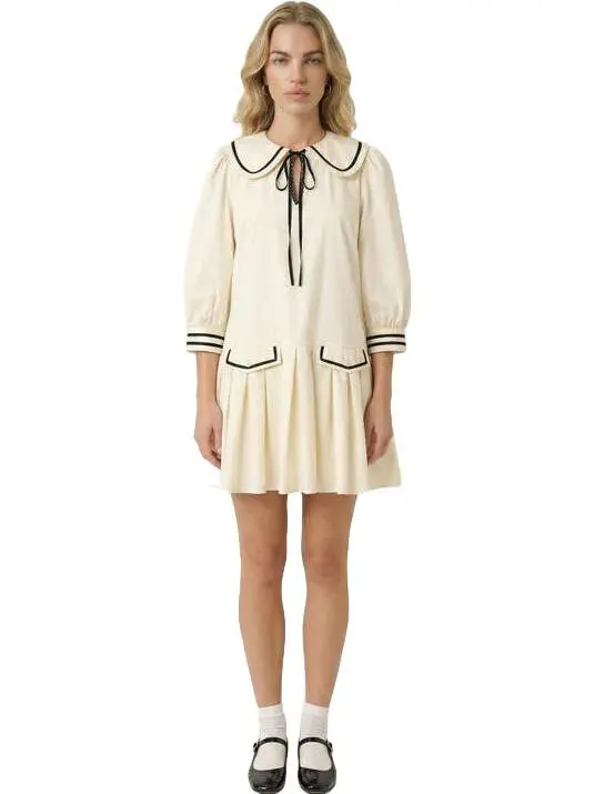 MODENAIRE Long-sleeve Pleated Mini Dress - Off-white / Black