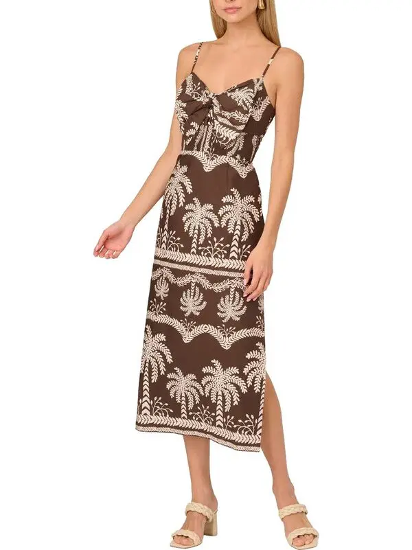 Adrianna Papell Print Smocked Midi Dress - Brown/ Ivory