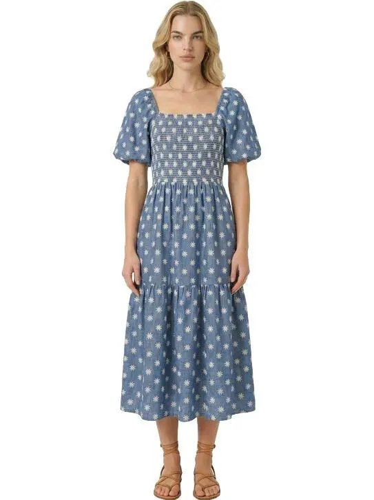 MODENAIRE Smocked Puff-sleeve Midi Dress - Blue / White Floral