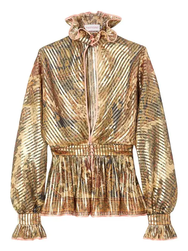 Valentino Garavani Satin-trimmed Ruffled Metallic Printed Silk-blend Chiffon Blouse - Neutrals