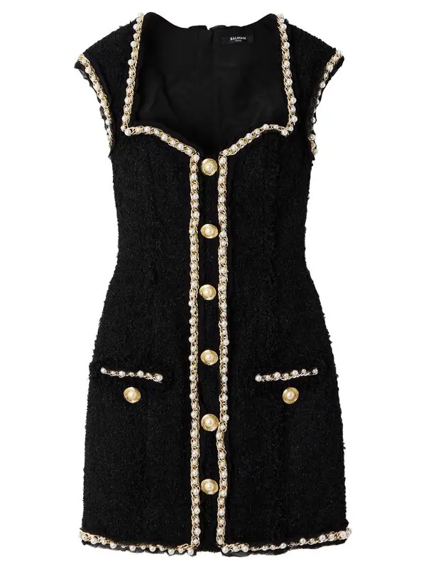 Balmain Embellished Metallic Tweed Mini Dress - Black