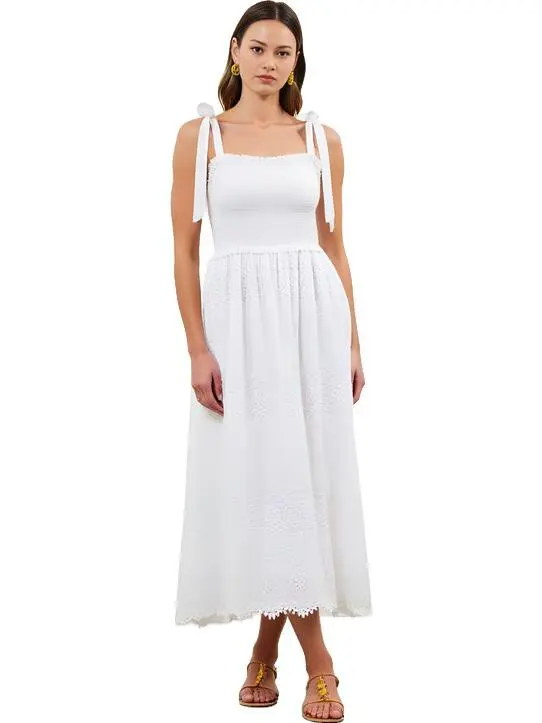 MODENAIRE Smocked Lace Eyelet Maxi Dress - White
