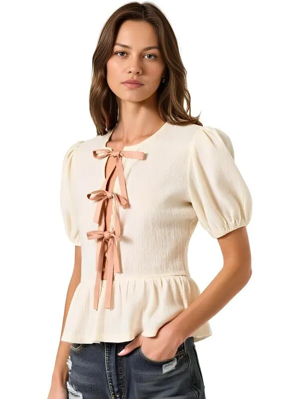 MODENAIRE Peplum Blouse With Bow-tie Front Detail - Off-white / Cream