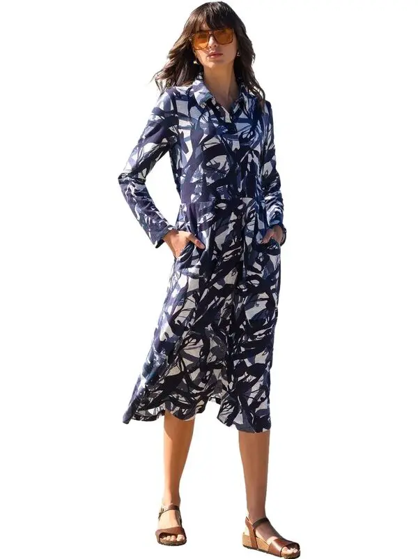 CELTIC & CO. Slub Jersey Shirt Midi Dress - Navy Brushstroke