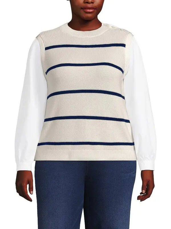 LANDS' END Drifter Shaker Button Shoulder Sweater Vest With Poplin Sleeves - Fresh Ivory/navy Stripe