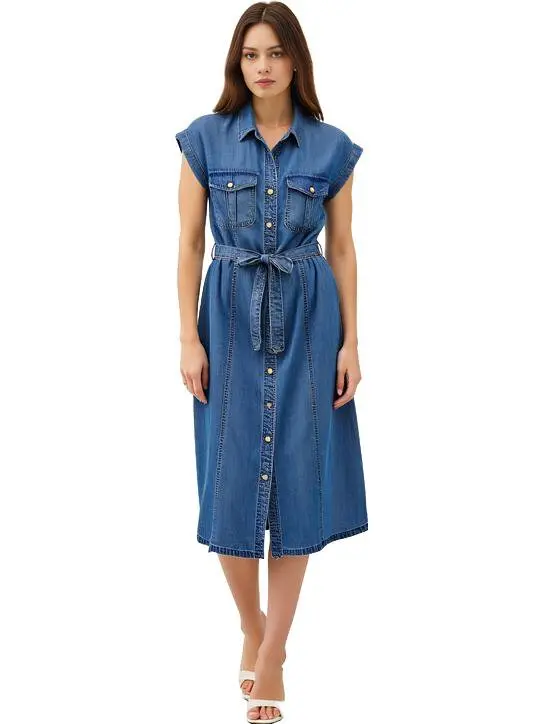 MODENAIRE Sleeveless Denim Midi Shirt Dress - Blue