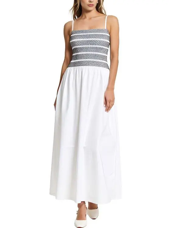 MODENAIRE Smocked Bodice A-line Maxi Dress - White / Black Striped