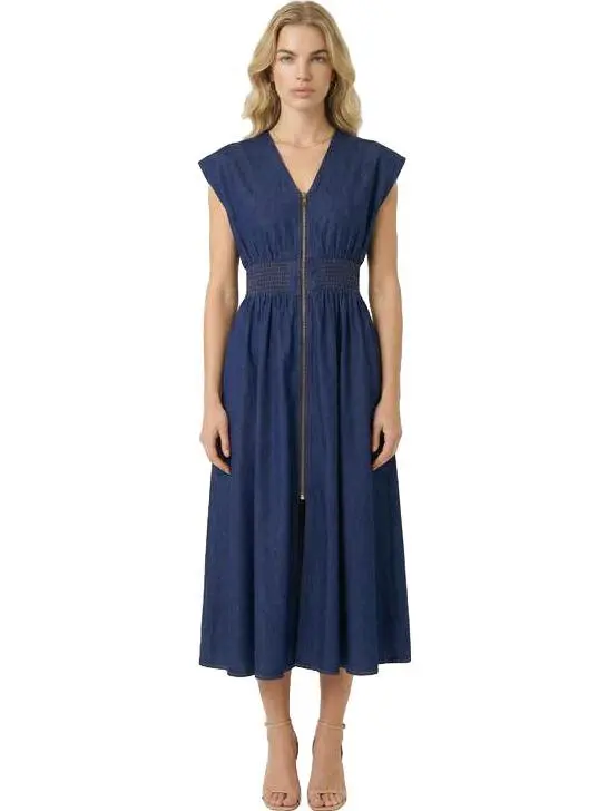 MODENAIRE Zip Front Sleeveless Denim Midi Dress - Denim Blue