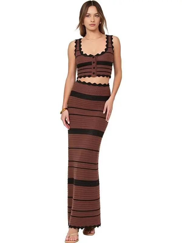 MODENAIRE Scallop Trim Crochet Set - Brown / Black Striped