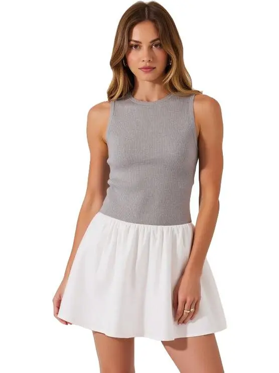 MODENAIRE Knit Bodice Contrast Mini Dress - White / Grey