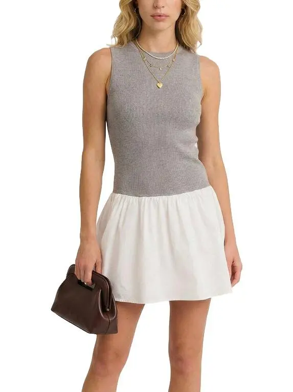 MODENAIRE Knit Bodice Contrast Mini Dress - White / Grey