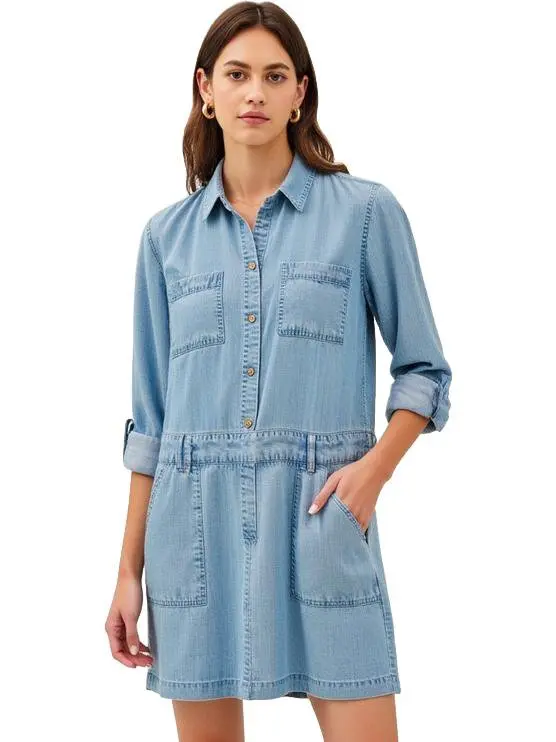 MODENAIRE Long-sleeve Denim Mini Dress - Light Blue