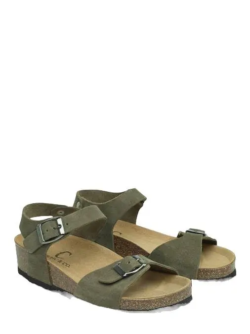 CELTIC & CO. Low Wedge Double Buckle Sandals - Olive