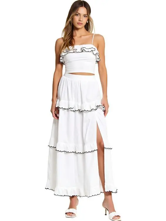 MODENAIRE Ruffle Trim Two-piece Set - White /black Edging