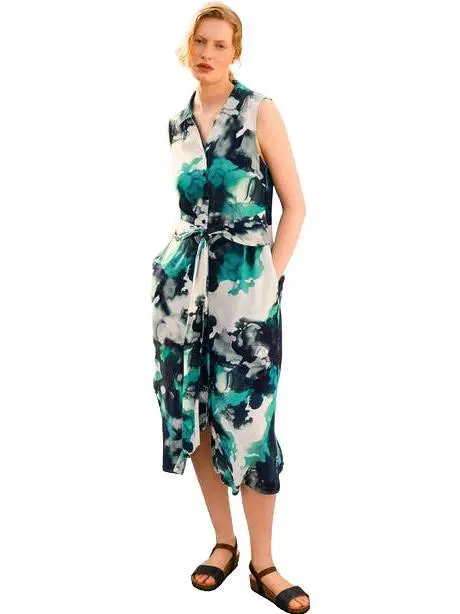 CELTIC & CO. Sleeveless Tie Front Midi Shirt Dress - Watercolour Print