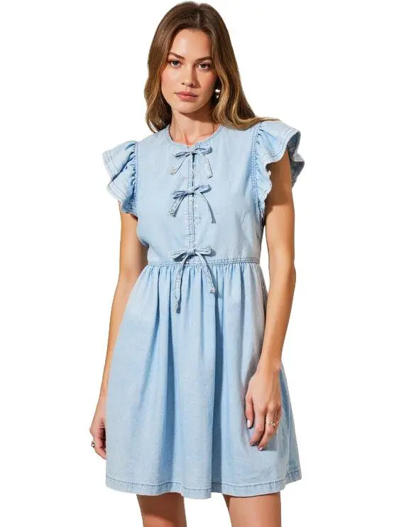 MODENAIRE Sleeveless Denim Mini Dress With Bow-tie Front - Blue