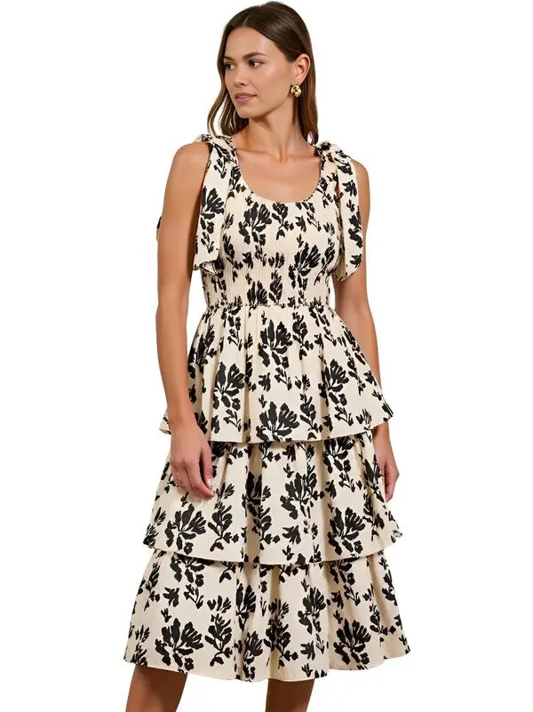 MODENAIRE Smocked Tiered Midi Dress With Bow-tie Straps - Ivory / Black Floral