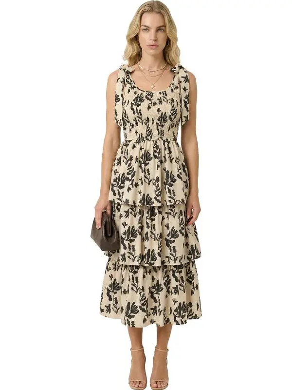 MODENAIRE Smocked Tiered Midi Dress With Bow-tie Straps - Ivory / Black Floral