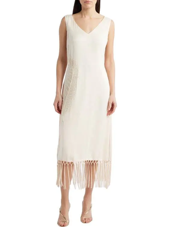 CIEBON Serita Sleeveless Beaded Fringe Hem Dress - Champagne/ Cream