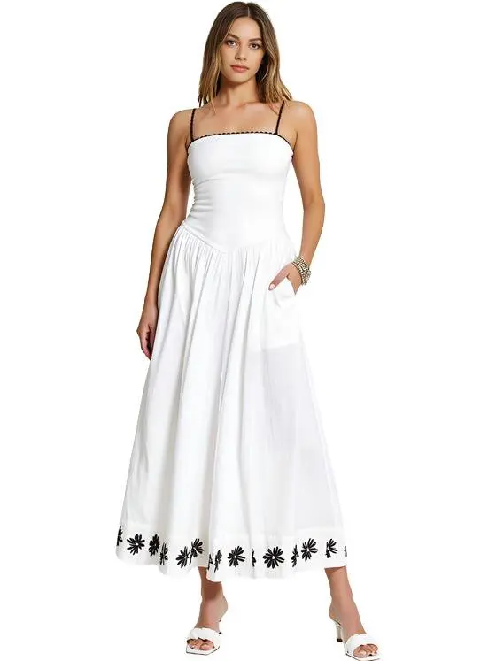 MODENAIRE Strapless A-line Midi Dress With Embroidered Hem - White / Black