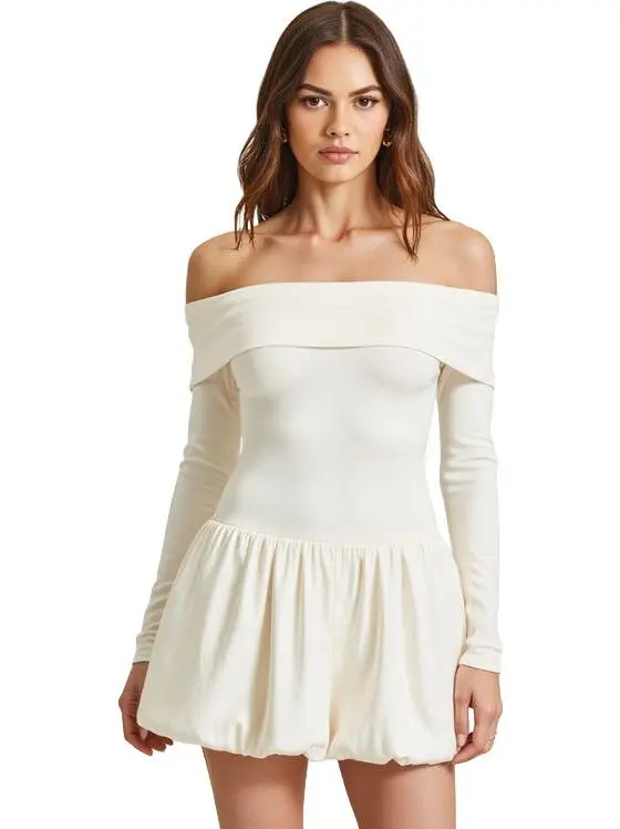 MODENAIRE Off-shoulder Mini Dress With Bubble Hem - White / Off-white