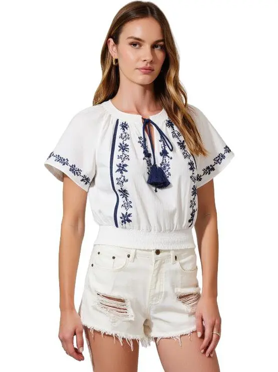 MODENAIRE Embroidered Peasant Blouse - White / Blue