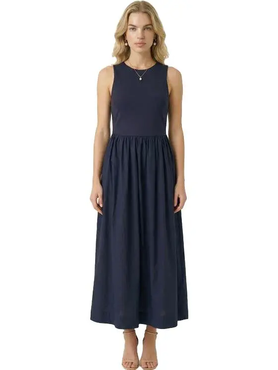 MODENAIRE Sleeveless Crewneck Midi Dress With Gathered Waist And Pockets - Navy Blue