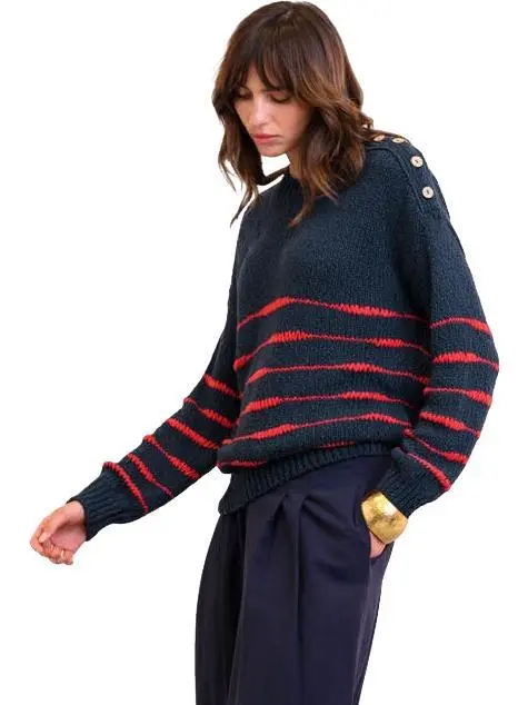 CELTIC & CO. Drop Stitch Breton Sweater - Navy / Red
