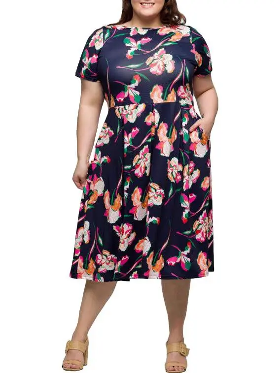 24SEVEN COMFORT APPAREL Floral Fit & Flare Midi Dress - Navy Multi