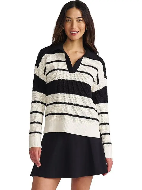 LANDS' END Cotton Bouclé Johnny Collar Sweater - Ivory/black Stripe