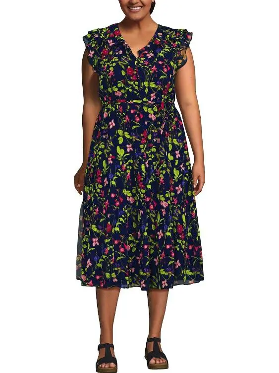 LANDS' END Ruffle Sleeve Chiffon Tiered Midi Dress - Deep Sea Multi Garden Floral