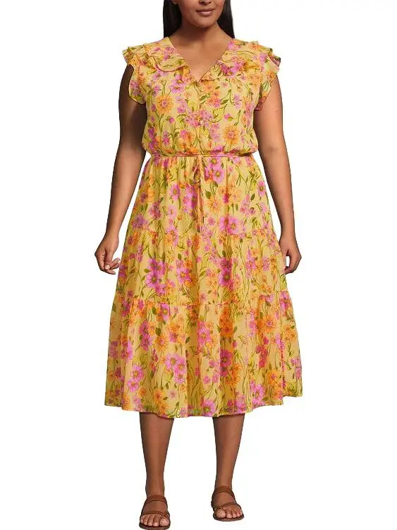 LANDS' END Ruffle Sleeve Chiffon Tiered Midi Dress - Simply Yellow Climbing Floral