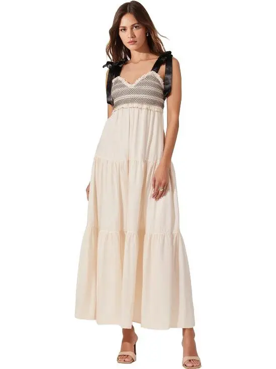 MODENAIRE Smocked Lace-trim Maxi Dress With Bow-tie Straps - Beige / Black