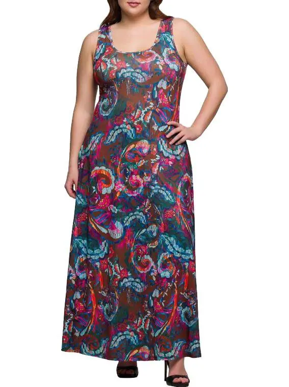 24SEVEN COMFORT APPAREL Paisley Knit Maxi Dress - Brown Multi