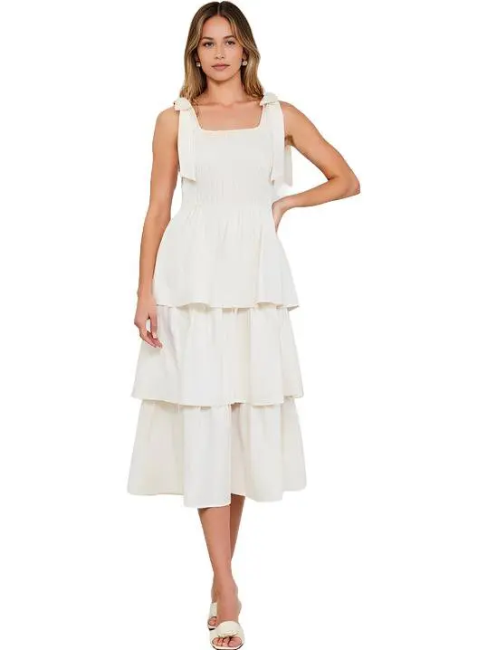 MODENAIRE Tiered Smocked Midi Dress With Bow-tie Straps - White