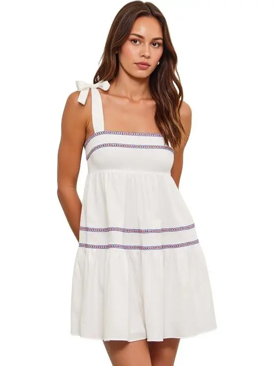 MODENAIRE Sleeveless Tiered Mini Dress With Embroidered Trim - White / Blue / Red