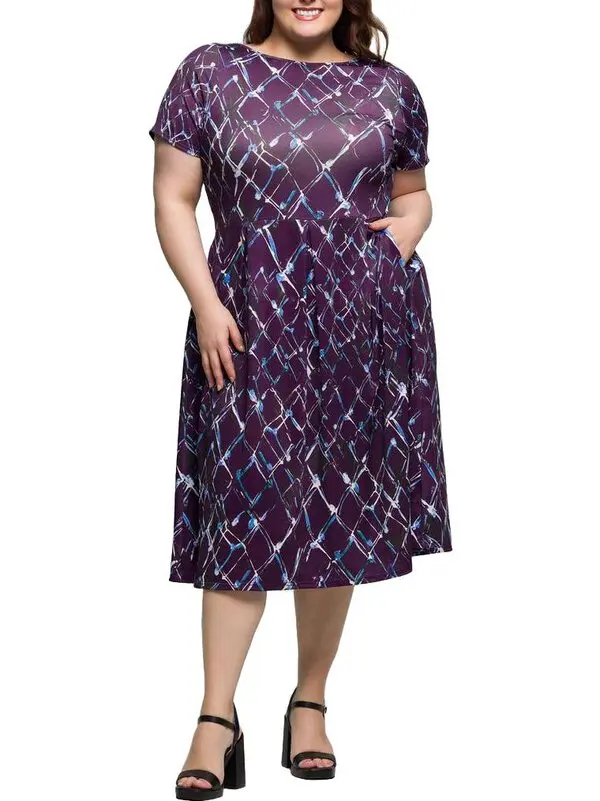 24SEVEN COMFORT APPAREL Fit & Flare Midi Dress - Purple Multi