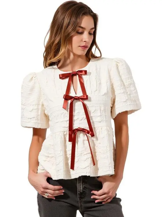 MODENAIRE Textured Puff-sleeve Peplum Blouse With Bow Detail - Off-white / Brownish-red
