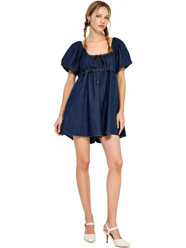 MODENAIRE Puff Sleeve Romper With Tie Front - Dark Blue