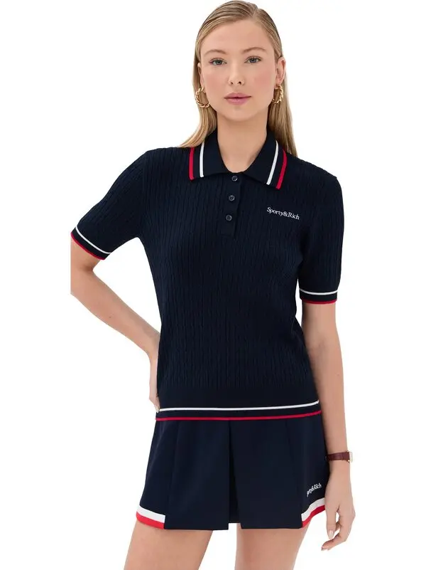 SPORTY & RICH Serif Logo Mila Short Sleeves Polo - Navy White/bright Red
