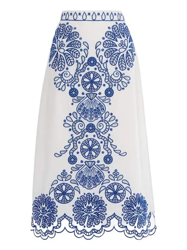 Farm Rio Printed Cotton Midi Skirt - Blue