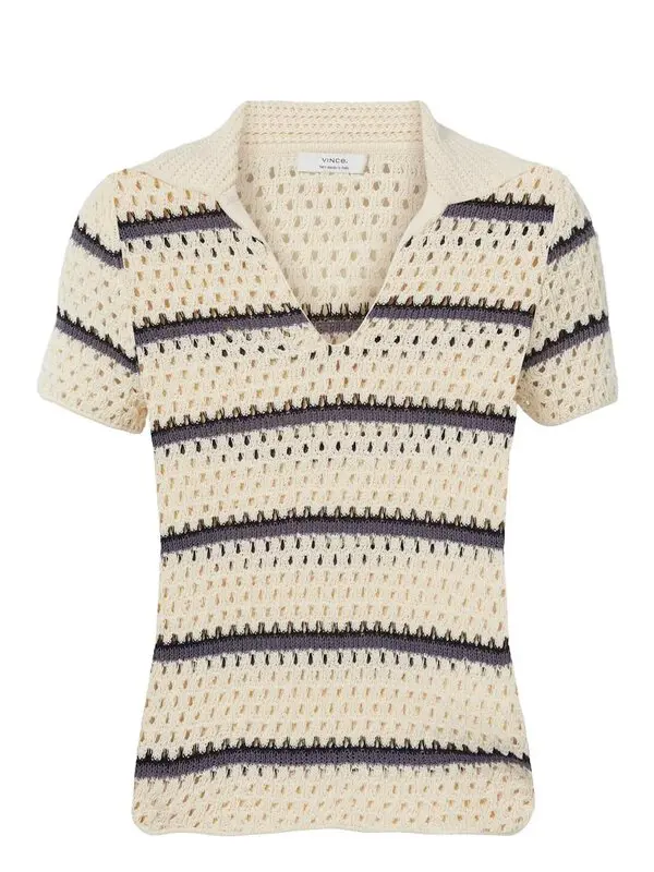 Vince Striped Pointelle Polo Sweater - Beige