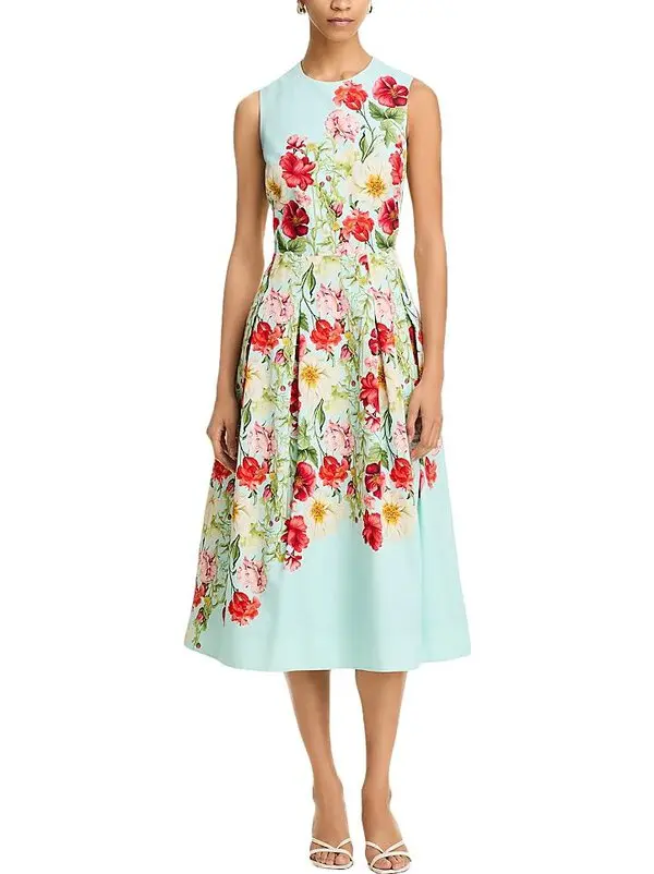 Rickie Freeman For Teri Jon Printed Cotton Pleated Dress - Mint Multi