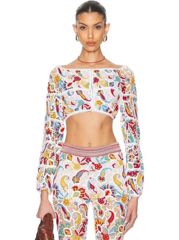 Etro Long Sleeve Cropped Top - Multicolor On White Base